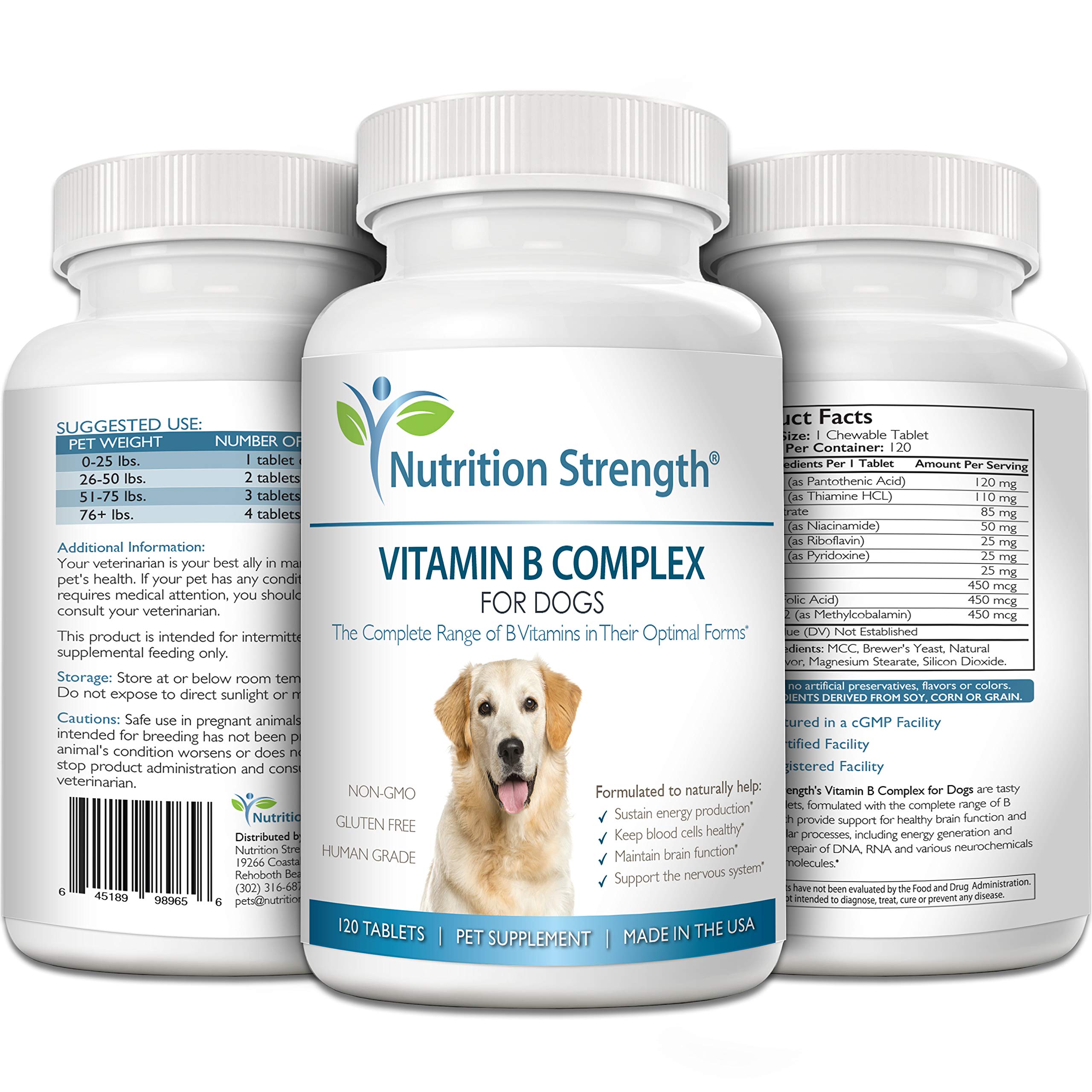 Nutrition Strength Vitamin B for Dogs, Complete B Complex for Dogs, Promote Blood Cell & Nervous System Health, Help Sustain Cellular Energy Production & Maintain Brain Function, 120 Chewable Tablets
