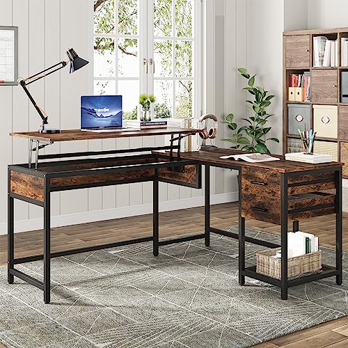 LITTLE TREE L Shaped Desk with Lift Top, Sit to Stand Corner Computer Desk with 2 Drawers, Height Adjustable Standing Desk with Storage Shelf for Home Office, Rustic Brown
