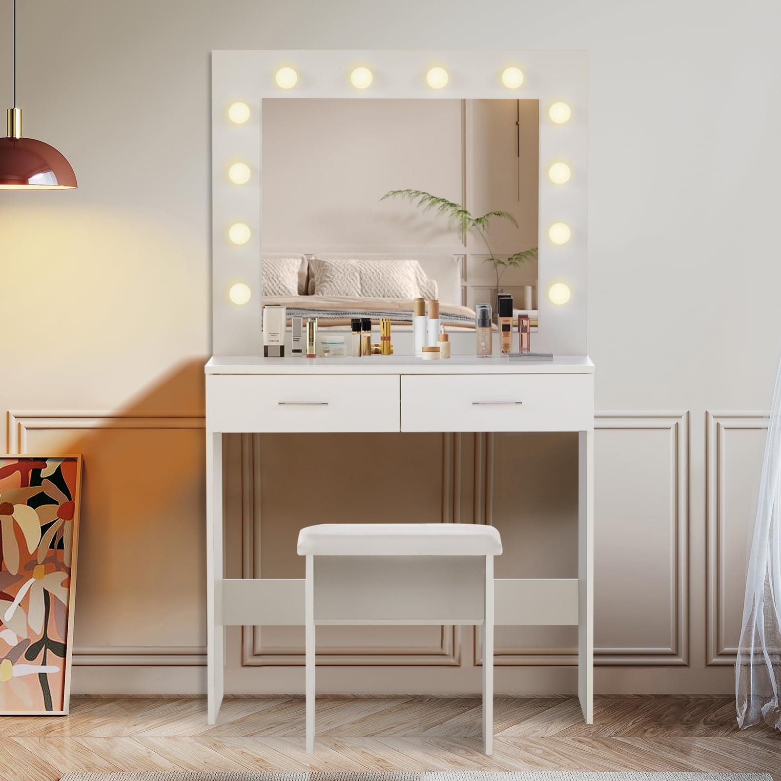 CLIPOP Modern Makeup Table with Mirror and Chair, Dressing Table with Light, 2 Drawers, Bedroom Dressing Table with 12 LED Lights and 3 Colors Lighting, Vanity Stool for Women, Girl’s Room (White)