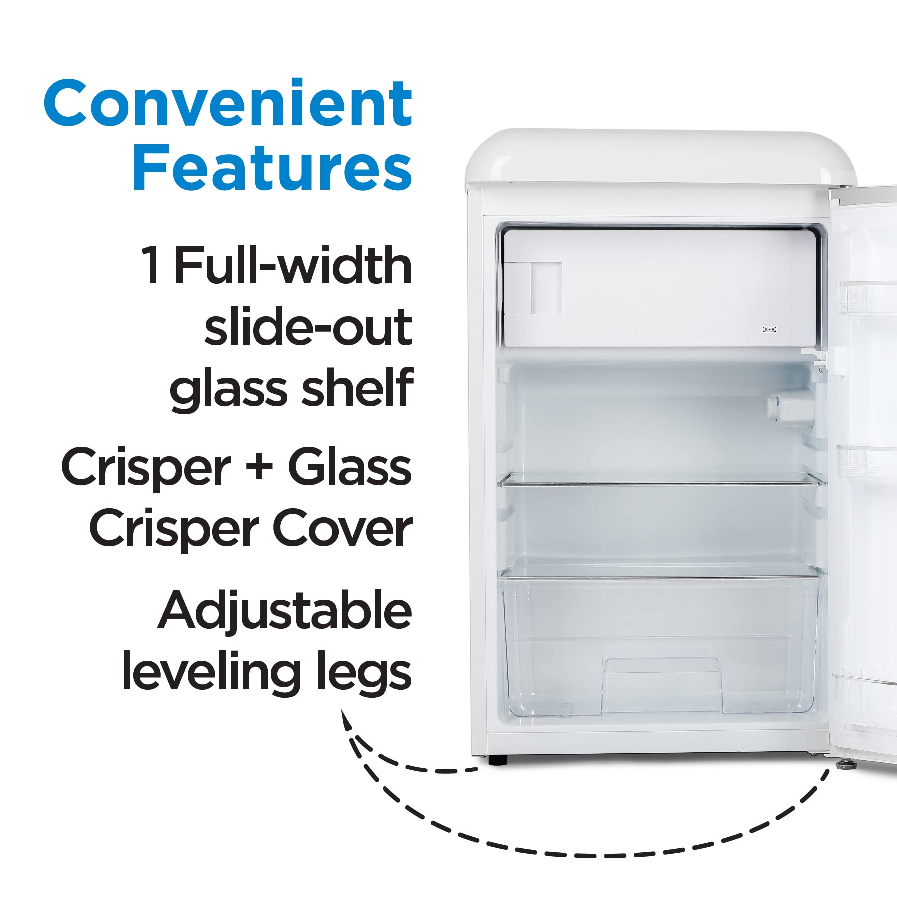 Commercial Cool CCRR4LW 4.0 Cu. Ft Freezer, Vintage Style 1 Slide-Out Glass Shelf and Crisper Cover, Retro Fridge, White Refrigerator