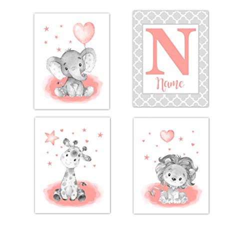Coral Baby Girl Nursery Art Elephant Giraffe Lion Wall Decor 4 UNFRAMED PRINTS