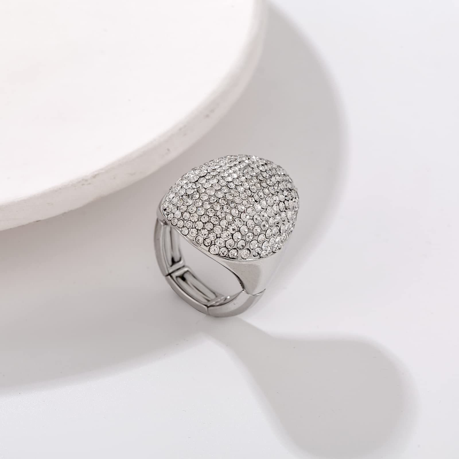 Ecesha Silver Cluster Crystal Oval Sparkly Crystal Adjustable Stretch Chunky Rings for Women Simple Costume Ring for Women (Style C)