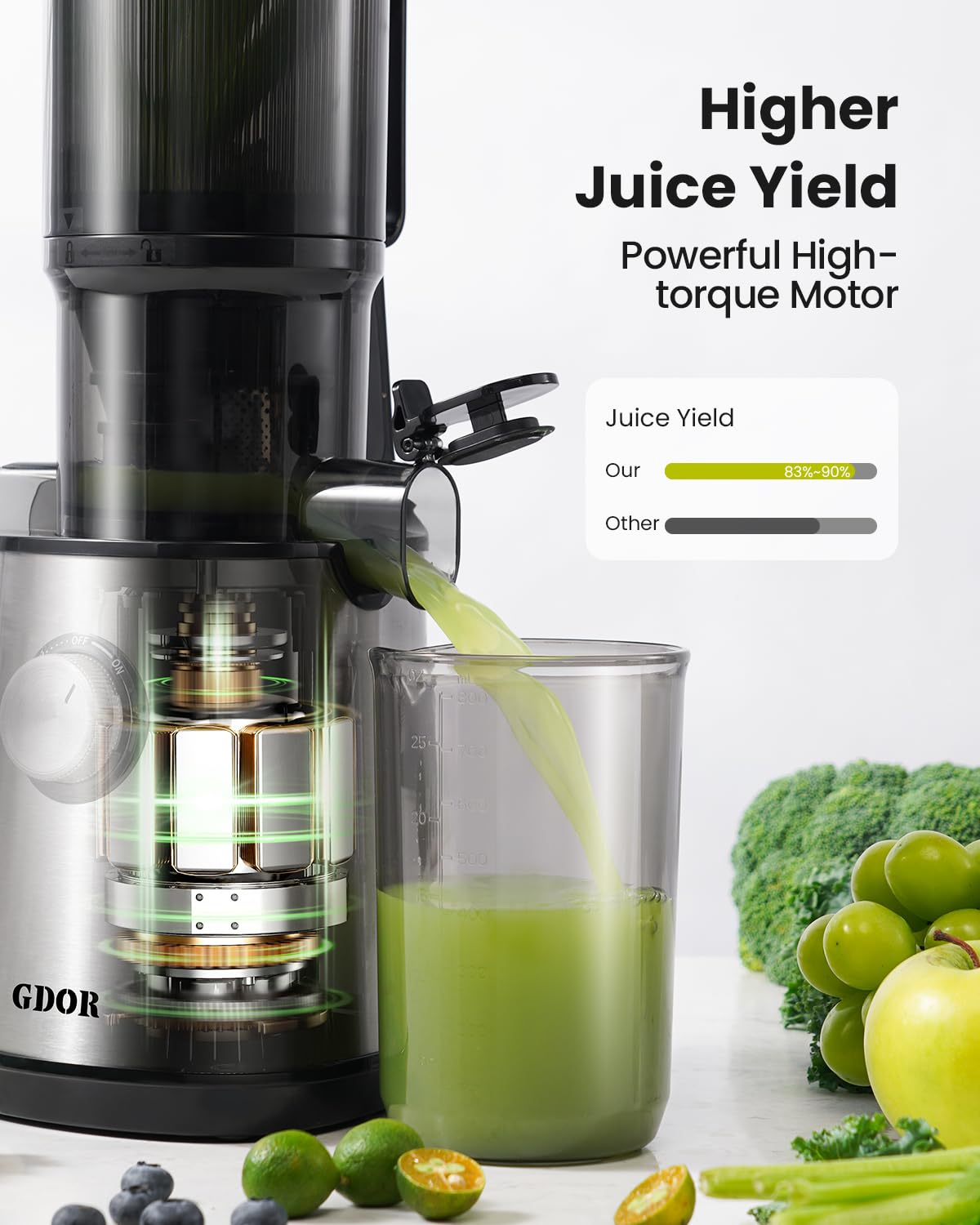 GDOR Cold Press Juicer with 4.25'' Feed Chute, Masticating Juicer Machines Fits Whole Fruits and Vegetables, Self Feeding Slow Juicer with Low Noise, Silver
