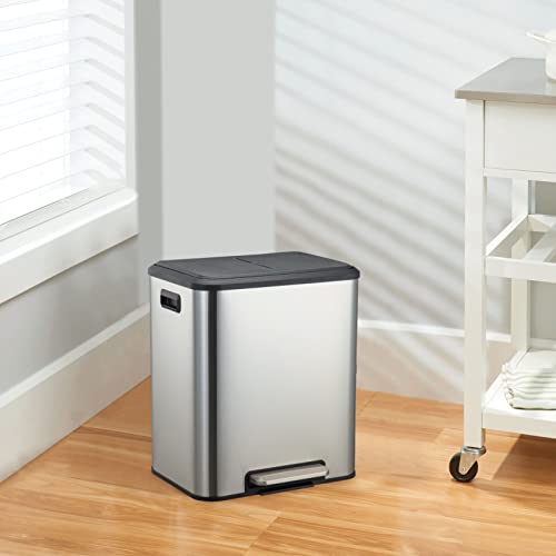 GlowSol Dual Trash Can for Recycling and Trash, 2 x 4 Gallon (30L) Stainless Steel Kitchen Trash Can with Lid and Foot Pedal, Double Compartment Garbage Can, Trash Can with Recycling Bin