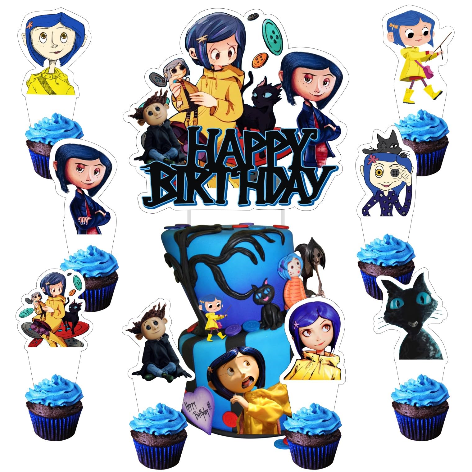 Coraline Birthday Party Decorations include 25pcs Cake Topper and Cupcake Toppers Sets for Coraline Birthday Party Supplies