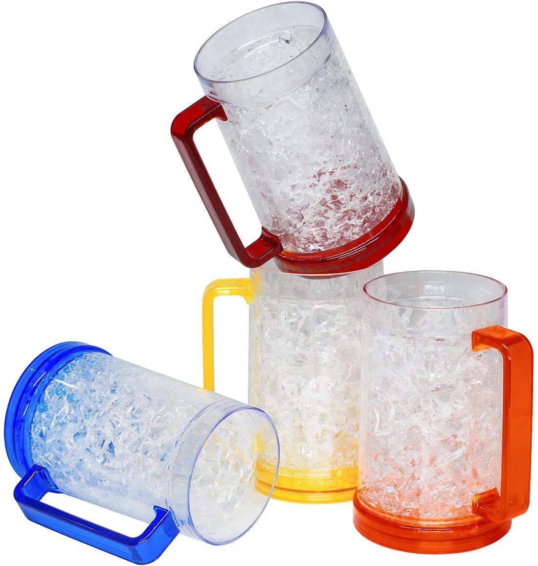 Drinking Glasses Cups, Double Wall Gel Freezer Beer Mugs, Freezer Ice Mugs Cups, 16oz, Plastic Cooling Beer Mug Clear Set of 4 (Red, Green, Blue, Orange)