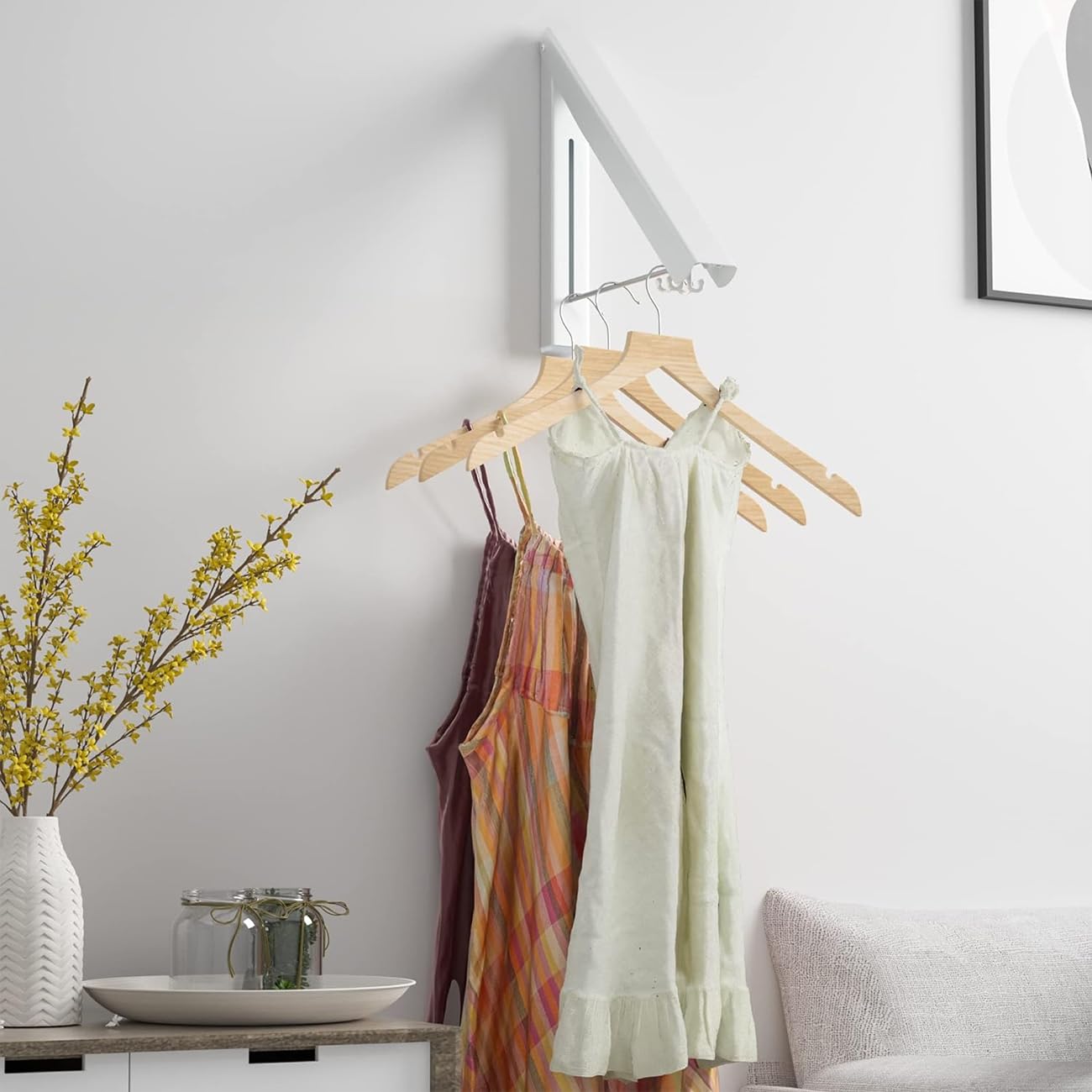 Foldable Wall Mounted Drying Rack with 80CM Extension Rod,Heavy Duty Aluminum Telescopic Clothes Hanger for Laundry Room Organisation Storage Drying Hanging Clothes with Drying Rod (2-Pack, White)