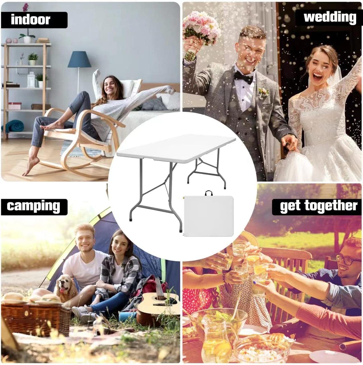 Byliable Folding Table 6ft Portable Heavy Duty Plastic 6 Foot Utility Foldable Table Plastic Dining Table Indoor Outdoor for Camping, and Party, White
