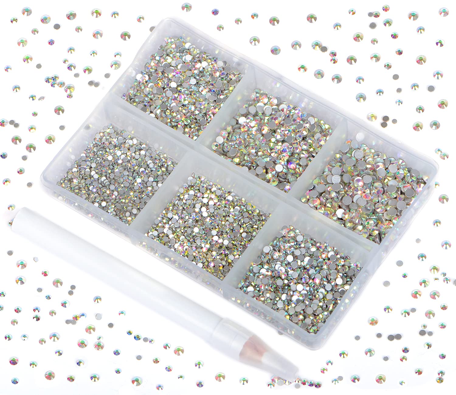 Bymitel 7200 Pieces 6 Mixed Sizes Glue Fix on Glass Rhinestones Round Crystal Gems Flatback for DIY Jewelry Making with one Picking Pen (6-Sizes 7200PCS, Crystal AB)