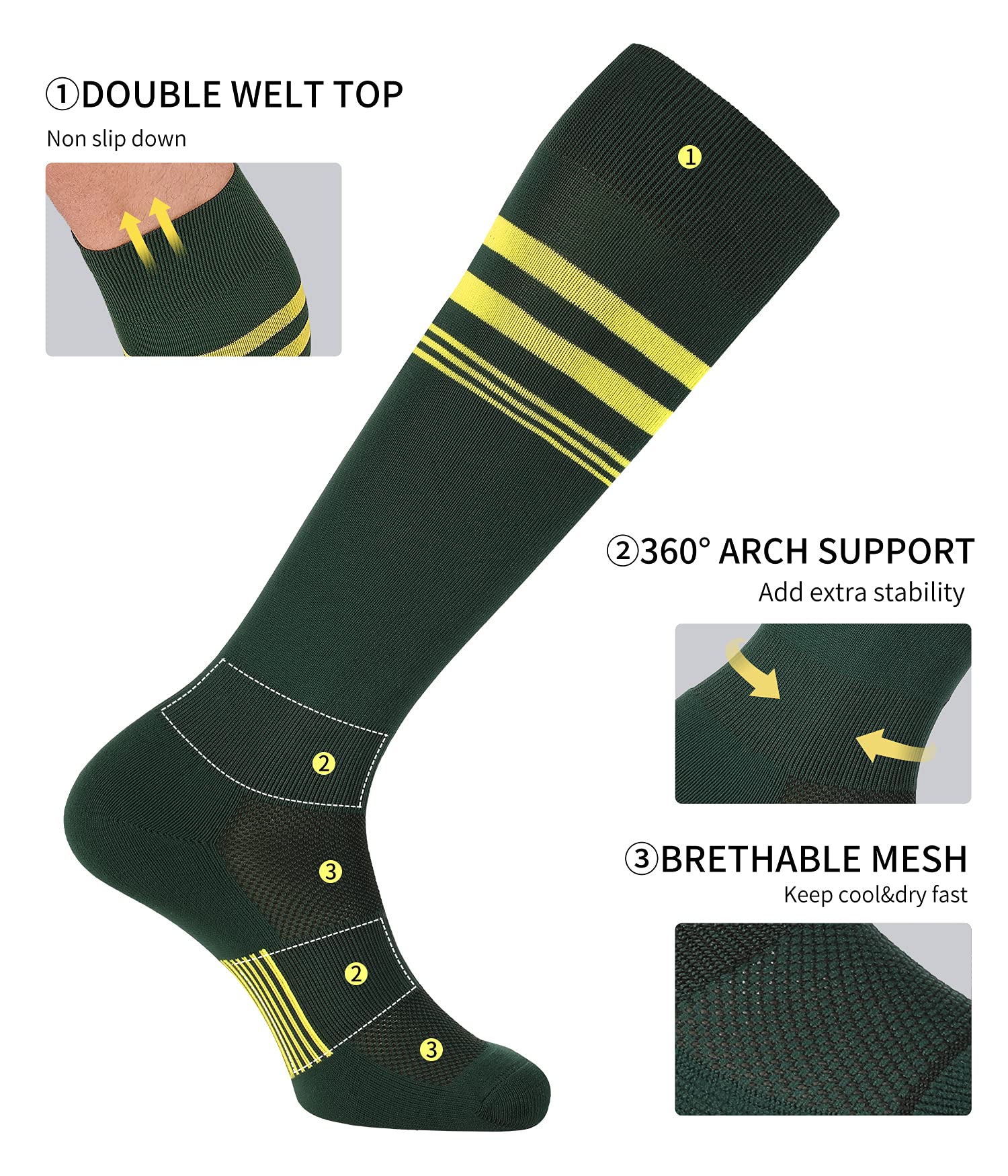 CS CELERSPORT 2 Pack Soccer Socks for Youth Kids, Men and Women Sport Softball Socks with Cushion, Green, Large
