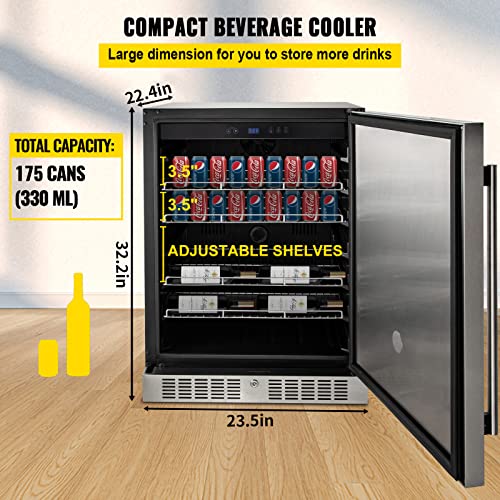 VEVOR 24" Undercounter, 5.3 cu.ft. Compact Stainless Steel, Built-in Beverage Refrigerator,Mini Beer Fridge for Home Bar Office Outdoor, Silver