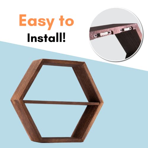IZB HOME Hexagon Shelves Honeycomb Shelves - Hexagon Floating Shelves Set of 3 Hexagon Shelf, 3 Movable Mid Plates Included - Natural Torched Brown