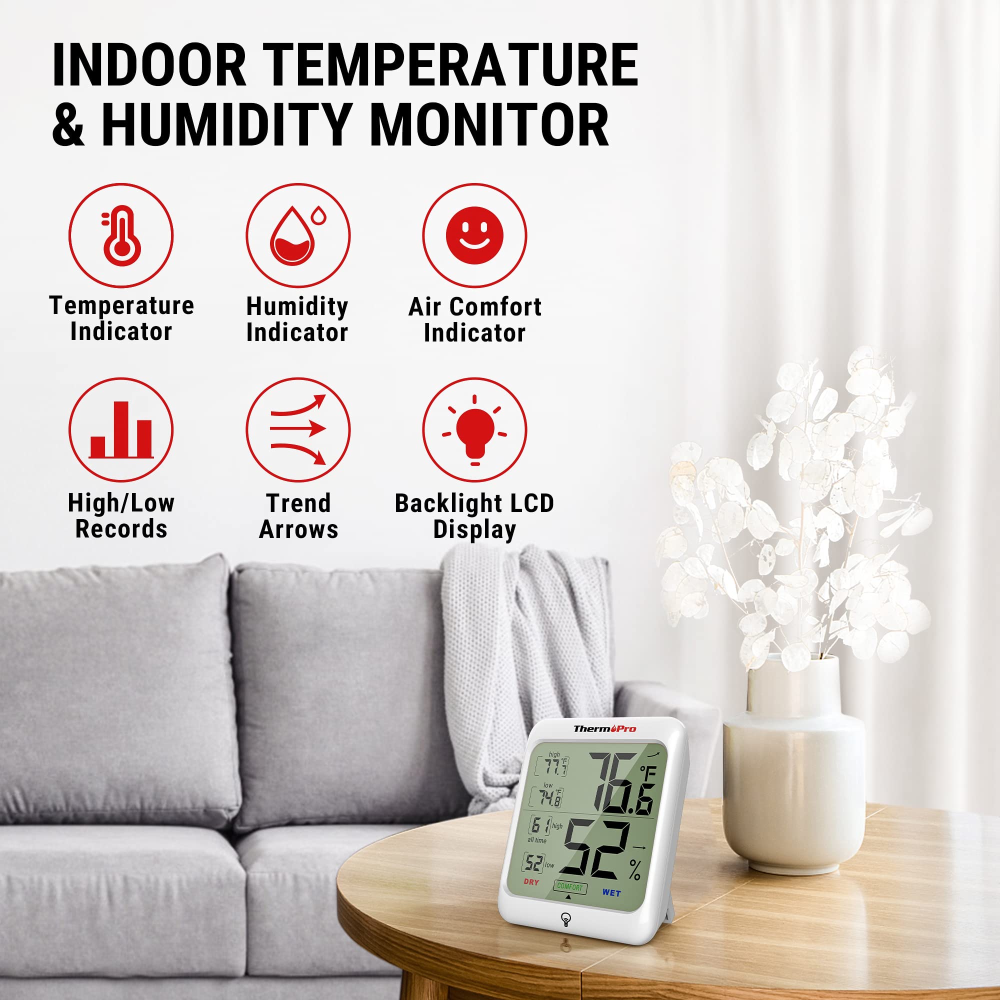 ThermoPro TP53 Digital Hygrometer Indoor Thermometer for Home, Temperature Humidity Sensor with Comfort Indicator & Max Min Records, Backlight Display Room Thermometer Humidity Meter, LCD