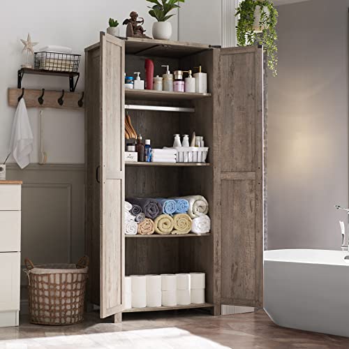 OKD Storage Cabinet, 32'' Farmhouse Armoire w/Adjustable Shelves, Rustic Pantry w/2 Barn Doors & Hanging Rod, Versatile Storage for Kitchen, Bathroom, Laundry, or Utility Room, Light Rustic Oak