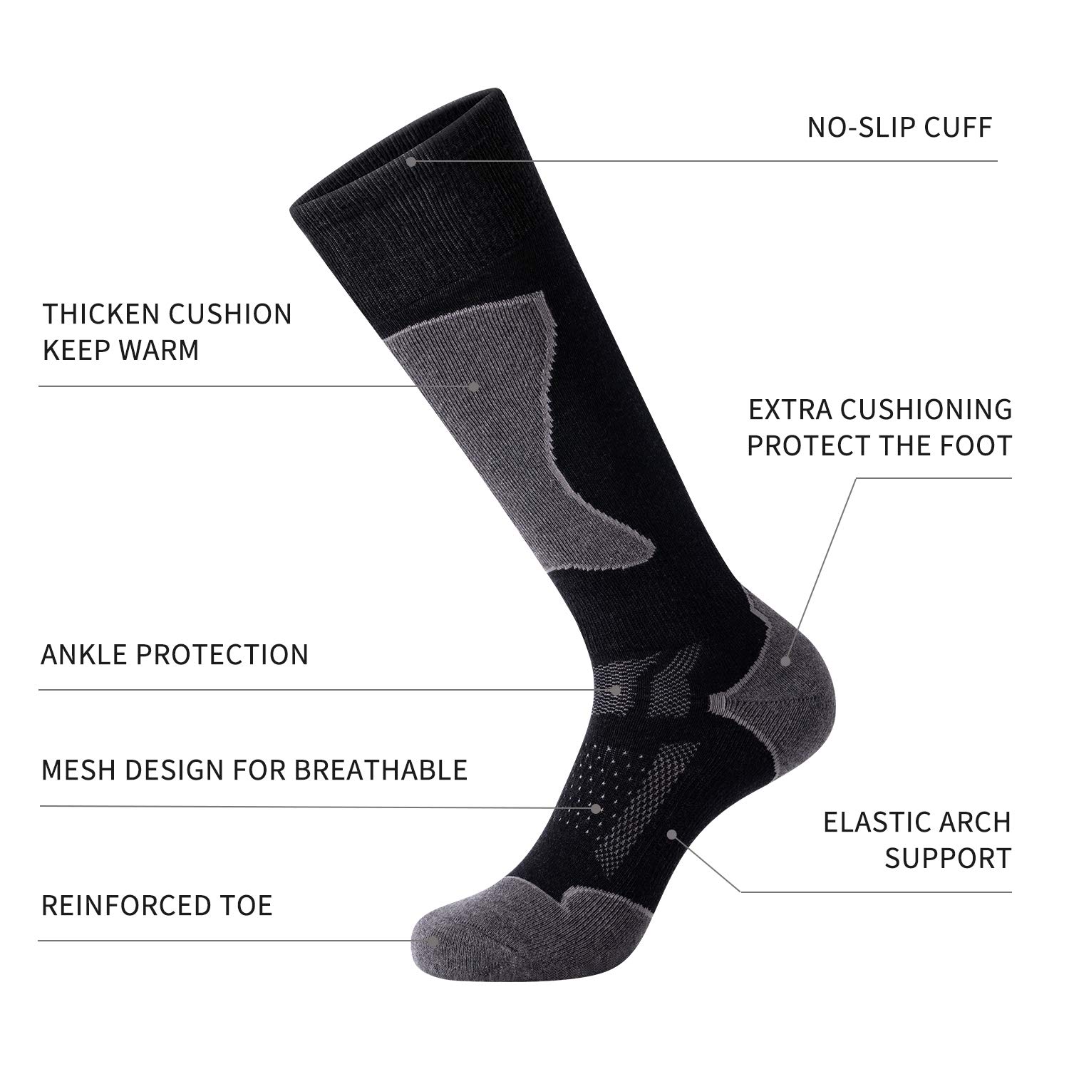 CS CELERSPORT 2 Pack Ski Socks for Men and Women Skiing, Snowboarding, Cold Weather, Winter Performance Socks, Black+Grey, Medium