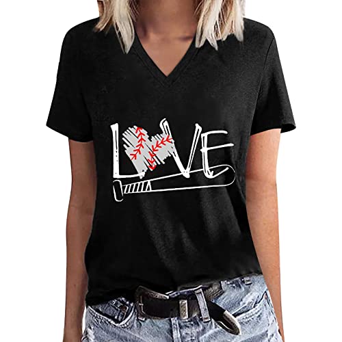 DUOWEI Women V Neck Casual Baseball Print Short Sleeve T Shirt