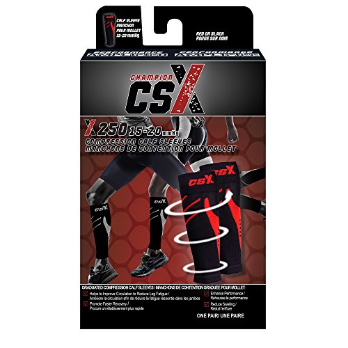 CSX 15-20 mmHg Compression Sleeve for Men and Women, Leg Calf Support, Athletic Sport Fit, Red on Black, Medium