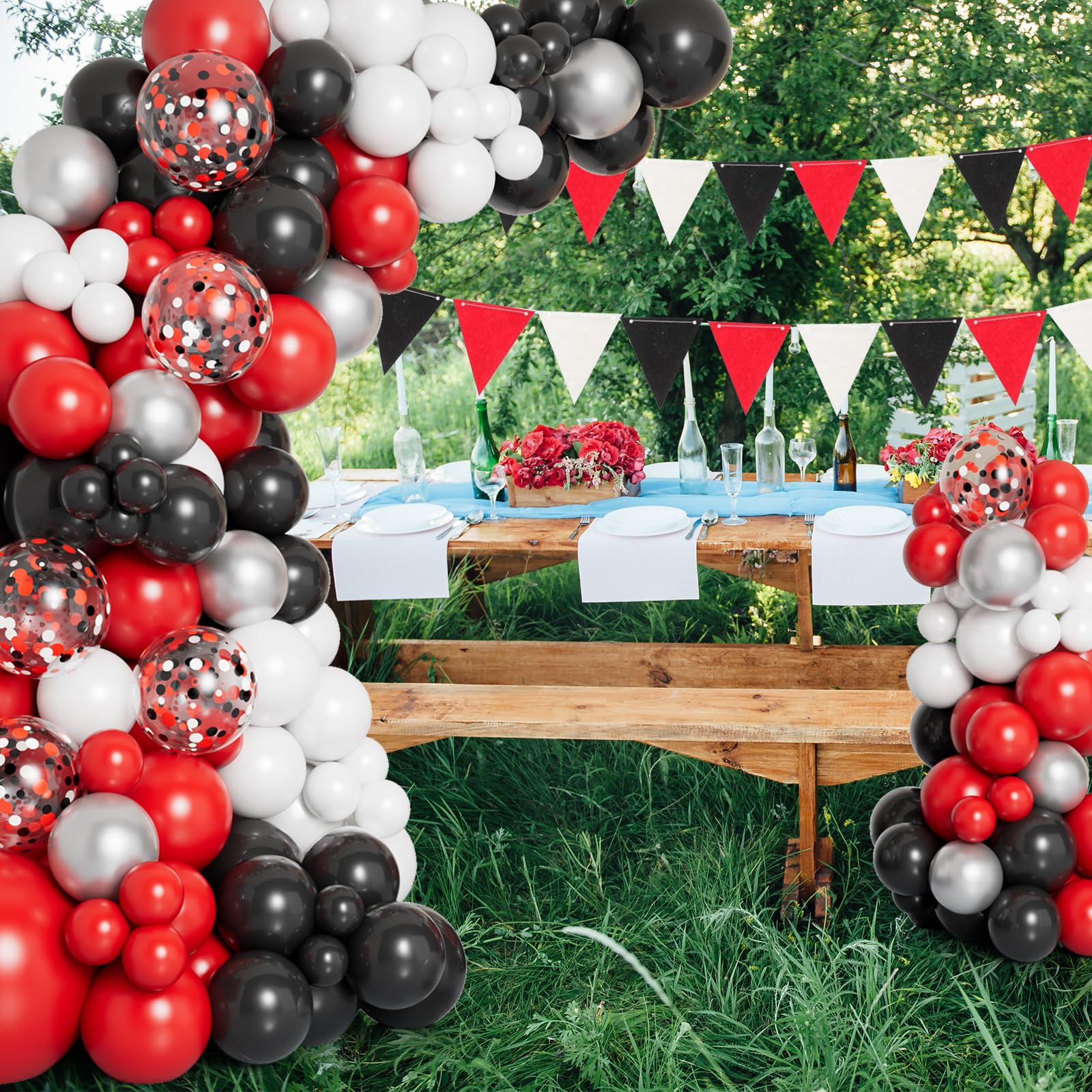DBKL Red Black and White Balloon Garland Arch Kit with Different Size Red Black White Silver Confetti Balloons for Shower Birthday New Year Graduation Wedding Racing Car Poker Party Decorations