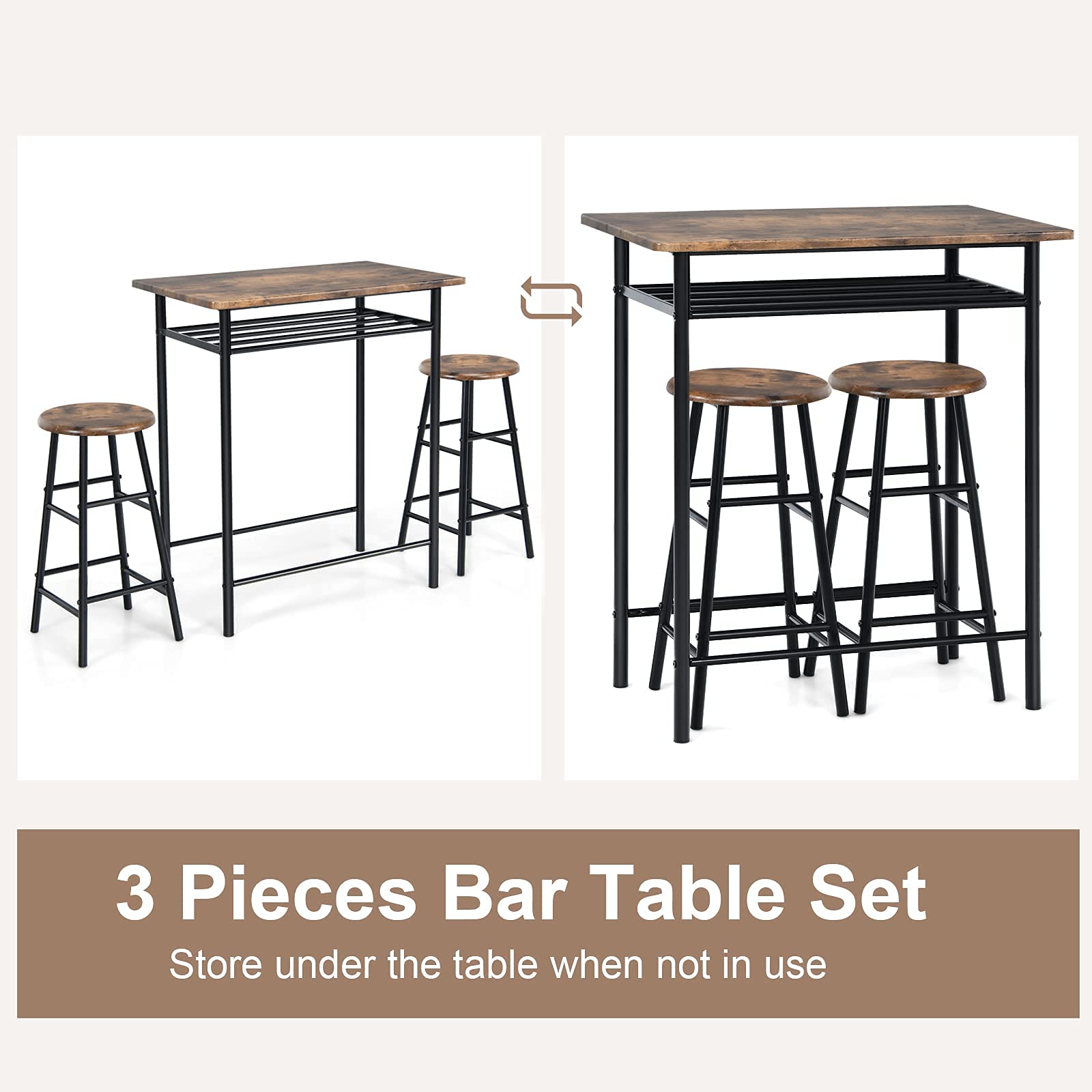 COSTWAY 3 Pieces Dining Table Set, Compact Dining Table Set with 2 Bar Stools, Space-Saving Bistro Set with Metal Fame and Storage Shelf, Pub Table and Chairs Set for Kitchen, Dining Room (Teak)