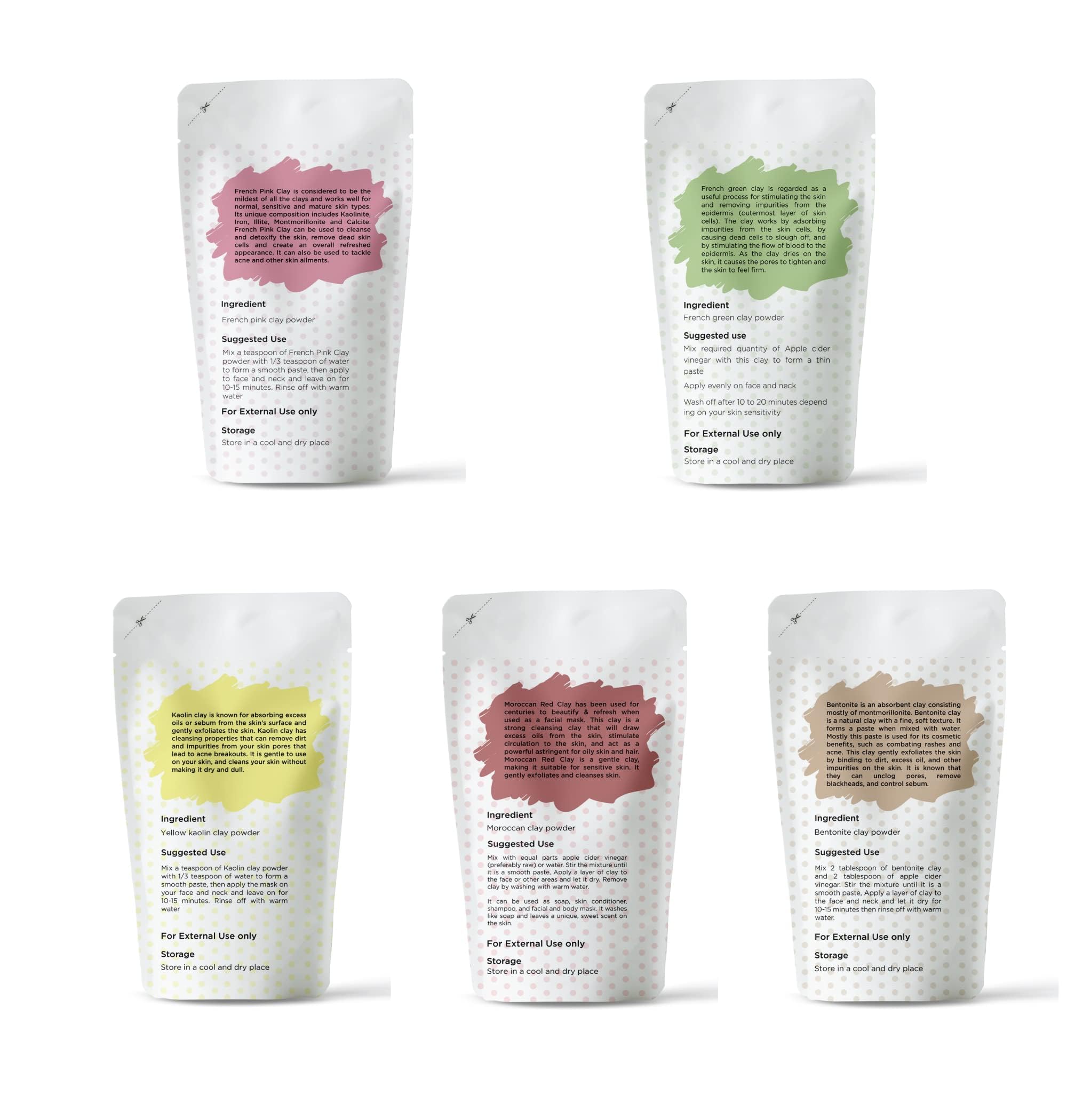 Pack of 5 Clays For Mask Making & Soap Making | Rose Clay, French Green Clay, Kaolin Clay, Moroccan Red Clay and Bentonite Clay | 8oz Each | Best Variety Pack For DIY Projects | By Yogiโs Gift ยฎ