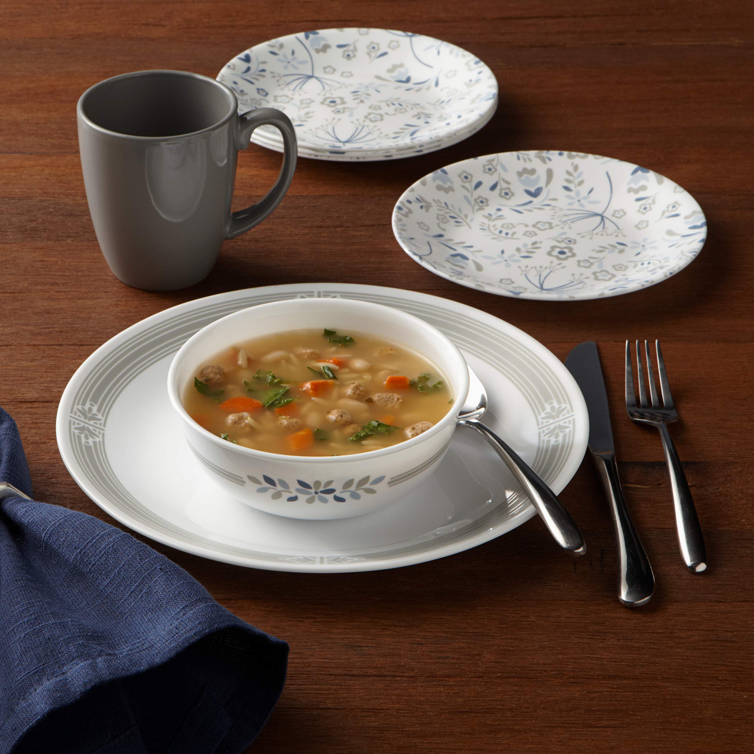 Corelle Prairie Garden Grey Chip & Break Resistant 16pc Dinner Set, Service for 4