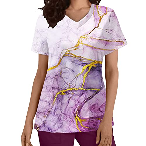 DUOWEI Women's Spring and Summer Care Short Sleeve V Collar 3D Printed Pocket T Shirt Purple