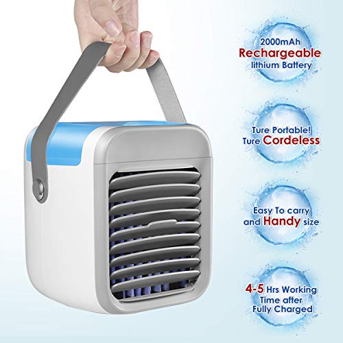 Portable Air Conditioner Fan, Evaporative Personal Air Cooler Humidifier, 3 Speeds, 7 Colors LED Light, Freon Free Ice Cooler Fan with Handle, Misting Fast Cooling Desktop Fan for Room, Office, Study