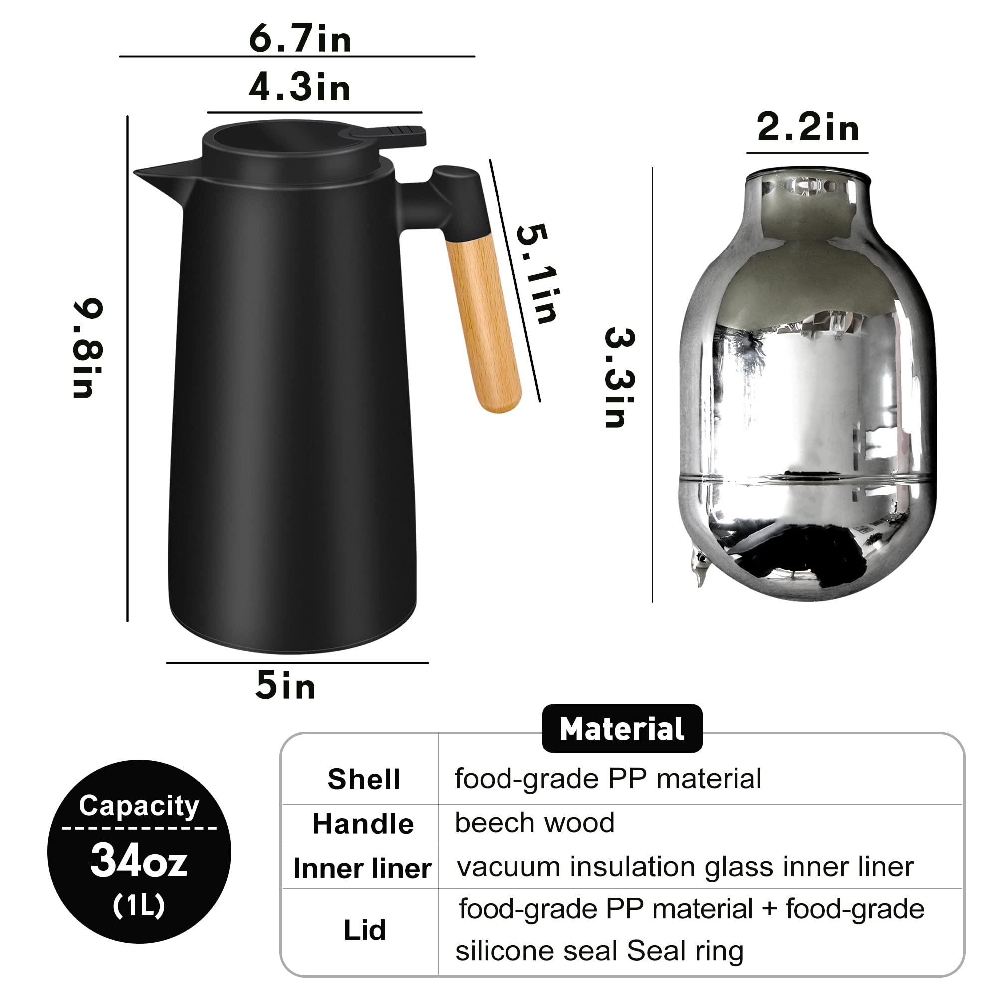 CUDINHAM Thermal Coffee Carafe,24H Long-Lasting Heat Preservation Coffee Carafes for Keeping Hot, 34Oz/1L, One-Button Water Spout, Double Wall Vacuum Coffee Thermos with Solid Wood Handle.(Black)