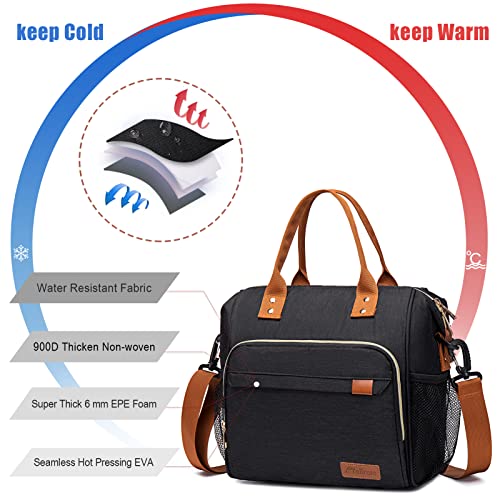 Insulated Lunch Bag - Large Portable Cooler Lunch Box for Office Work Picnic Beach Workout - Reusable Freezable Tote Lunch Bag Organizer with Adjustable Shoulder Strap for Women Men Adult,Black