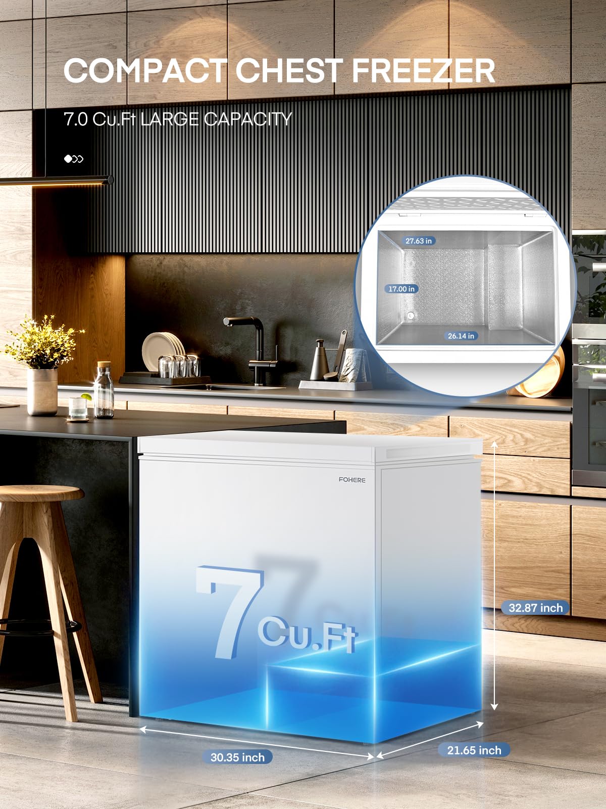 FOHERE 7.0 Cu.Ft Chest Freezer, Compact Deep Freezer with Three Removable Basket, Free Standing Top Open Door, Adjustable Temperature, For Kitchen Garage Office Bar, White