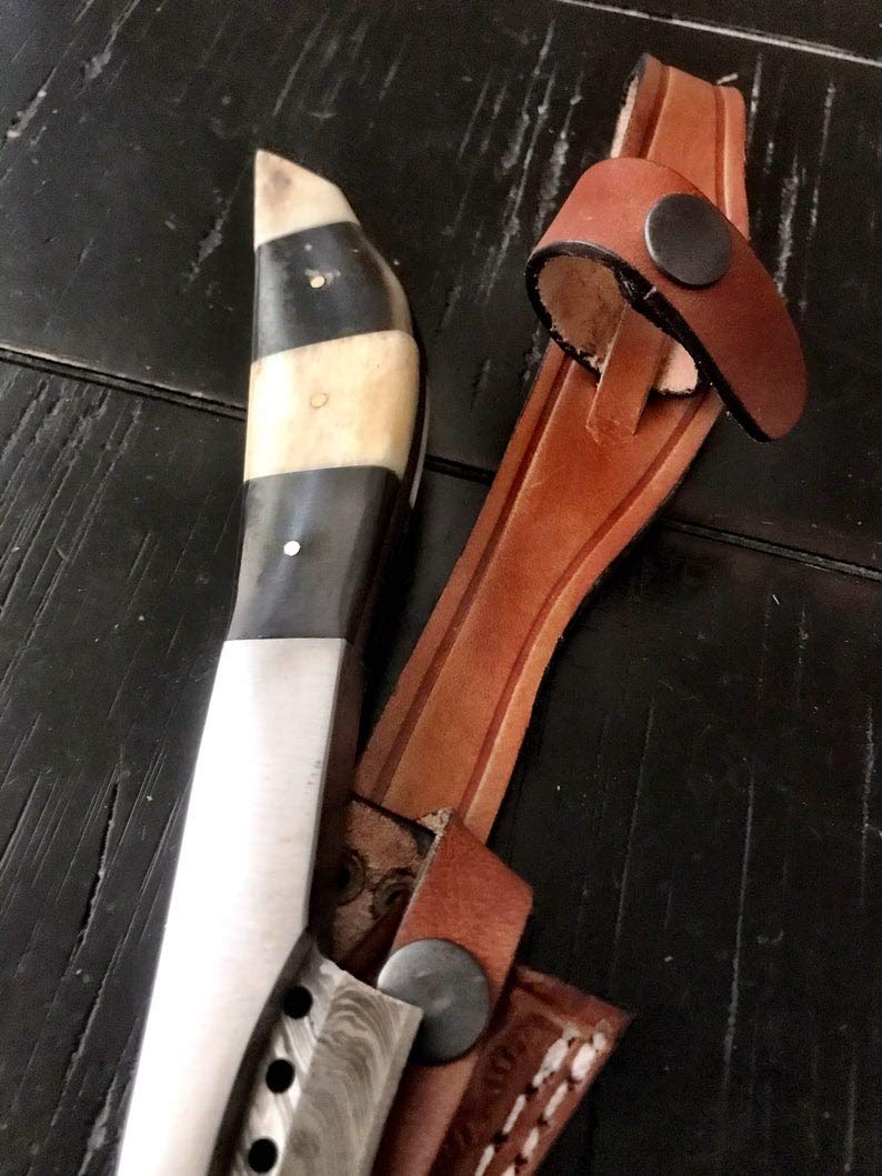 Damascus Knife 12" Tactical Knife 100% Hand Forged Full Tang Hunting Knife with Bull Horn & Camel Bone Handle Perfect for Camping, Hunting, Indoor, Outdoor Activities