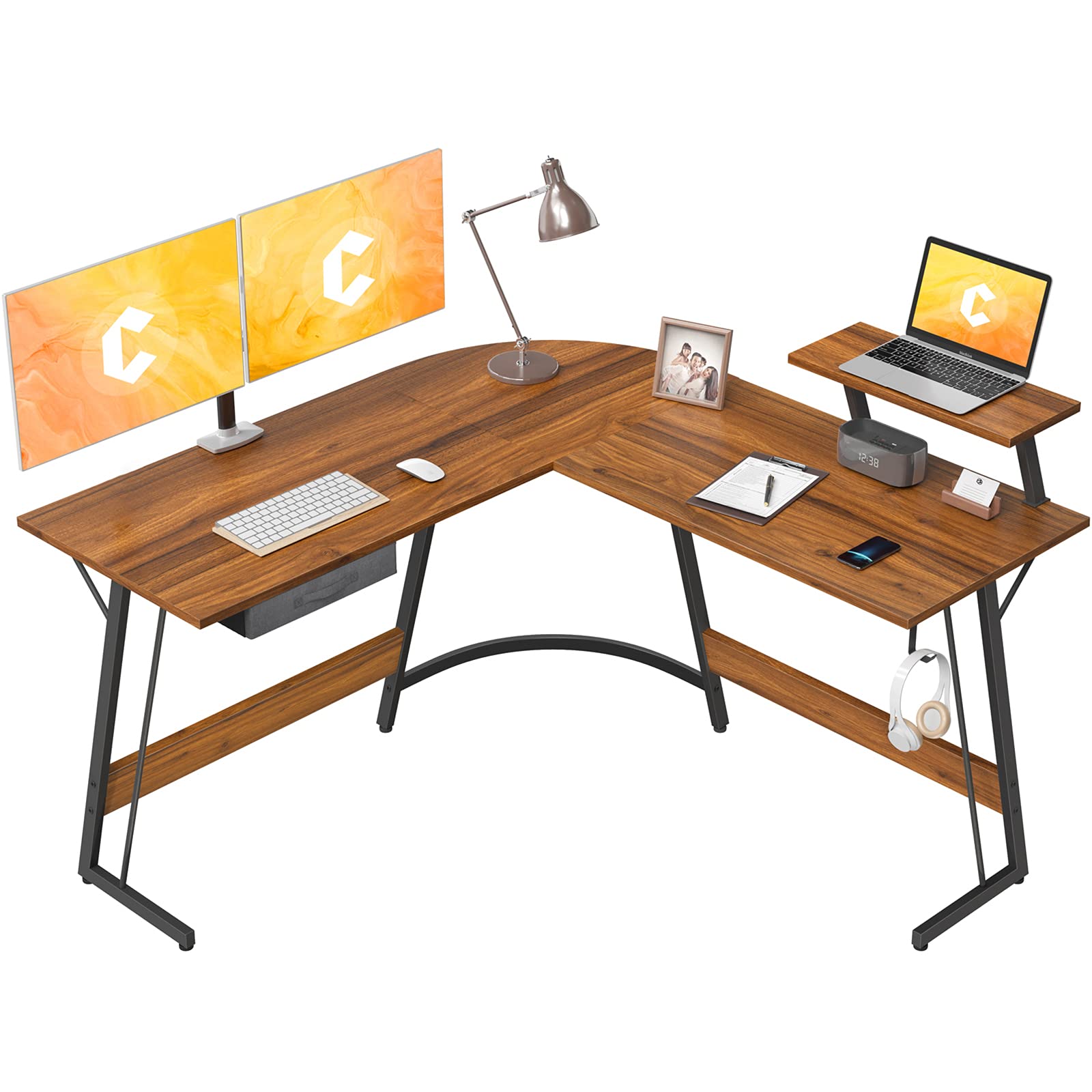 CubiCubi L Shaped Desk, Computer Corner Gaming Desk with Large Monitor Stand, 51.2" Home Office Writing Table, Workstation with Storage Drawer, Space-Saving, Walnut