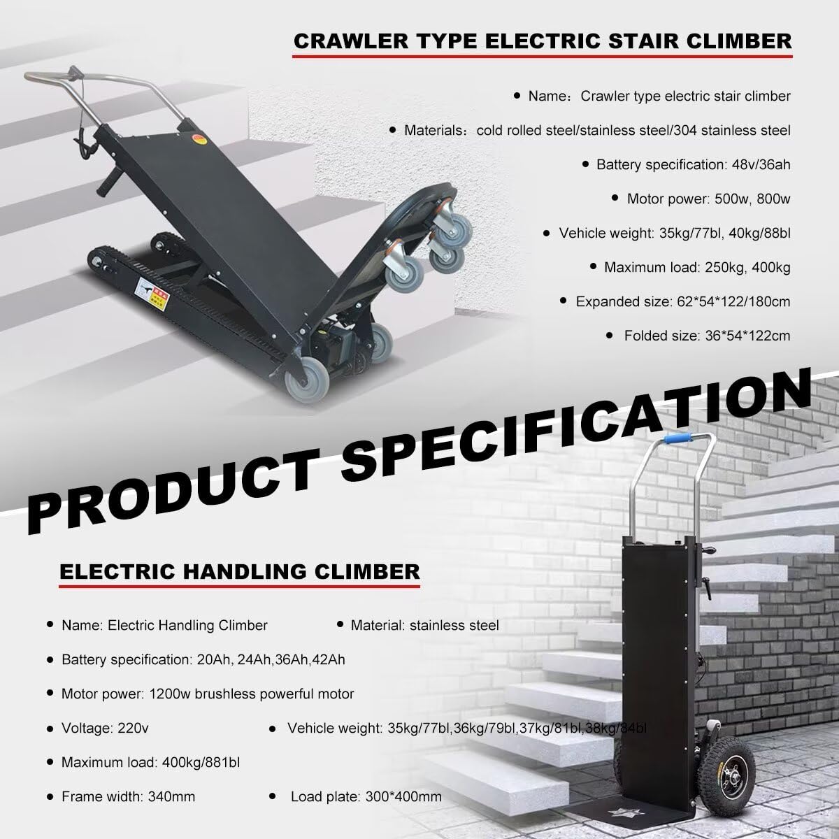 Electric Stair Climbing Hand Trucks Cart Easy Up/Down with 10" Solid Rubber Tires, 1200 W 881lb Max Load for Moving Warehouse Logistics Distribution 24Ah