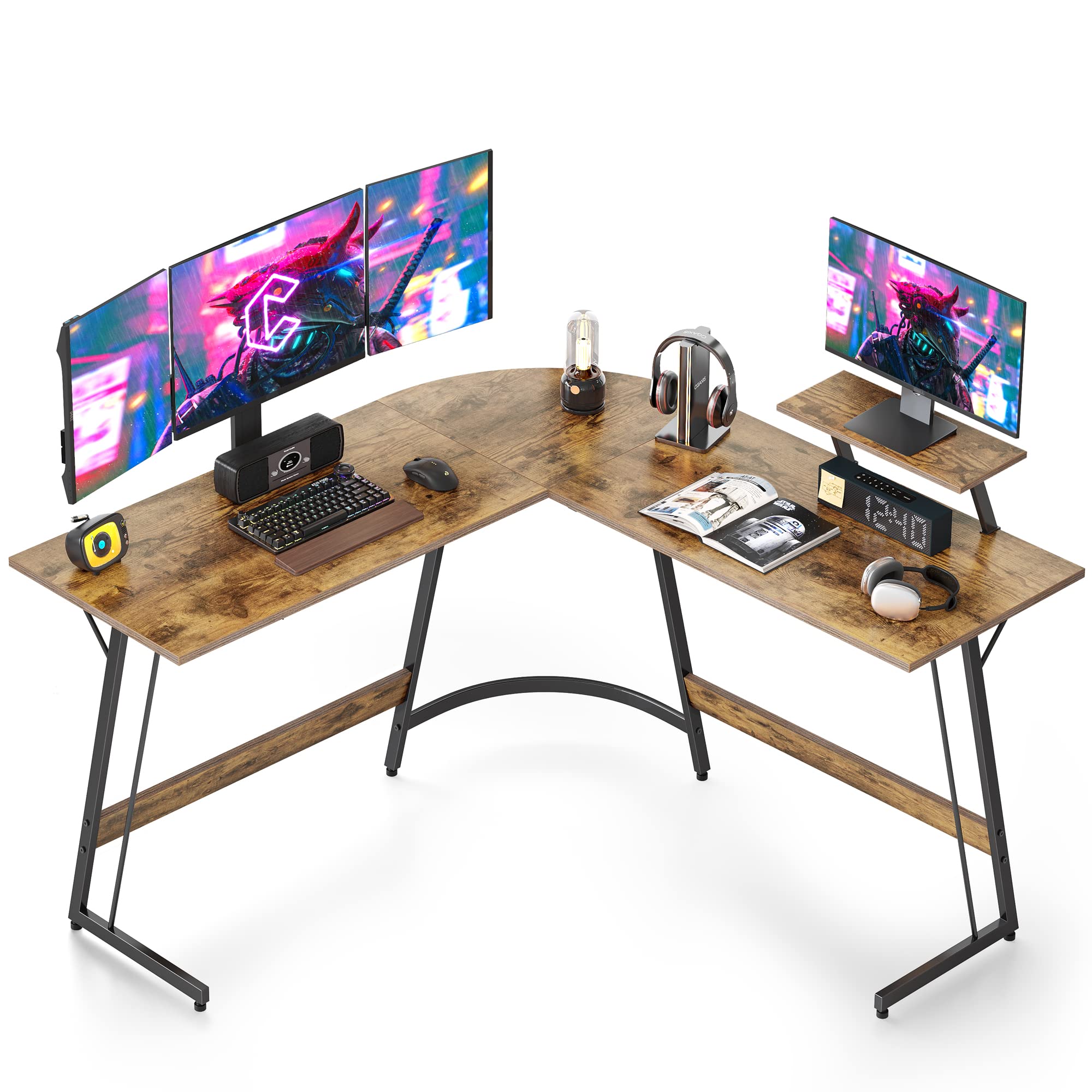Cubiker L Shaped Desk, Computer Corner Desk, Gaming Desk with Monitor Stand, Home Office Study Writing Workstation, Space-Saving, Rustic Brown