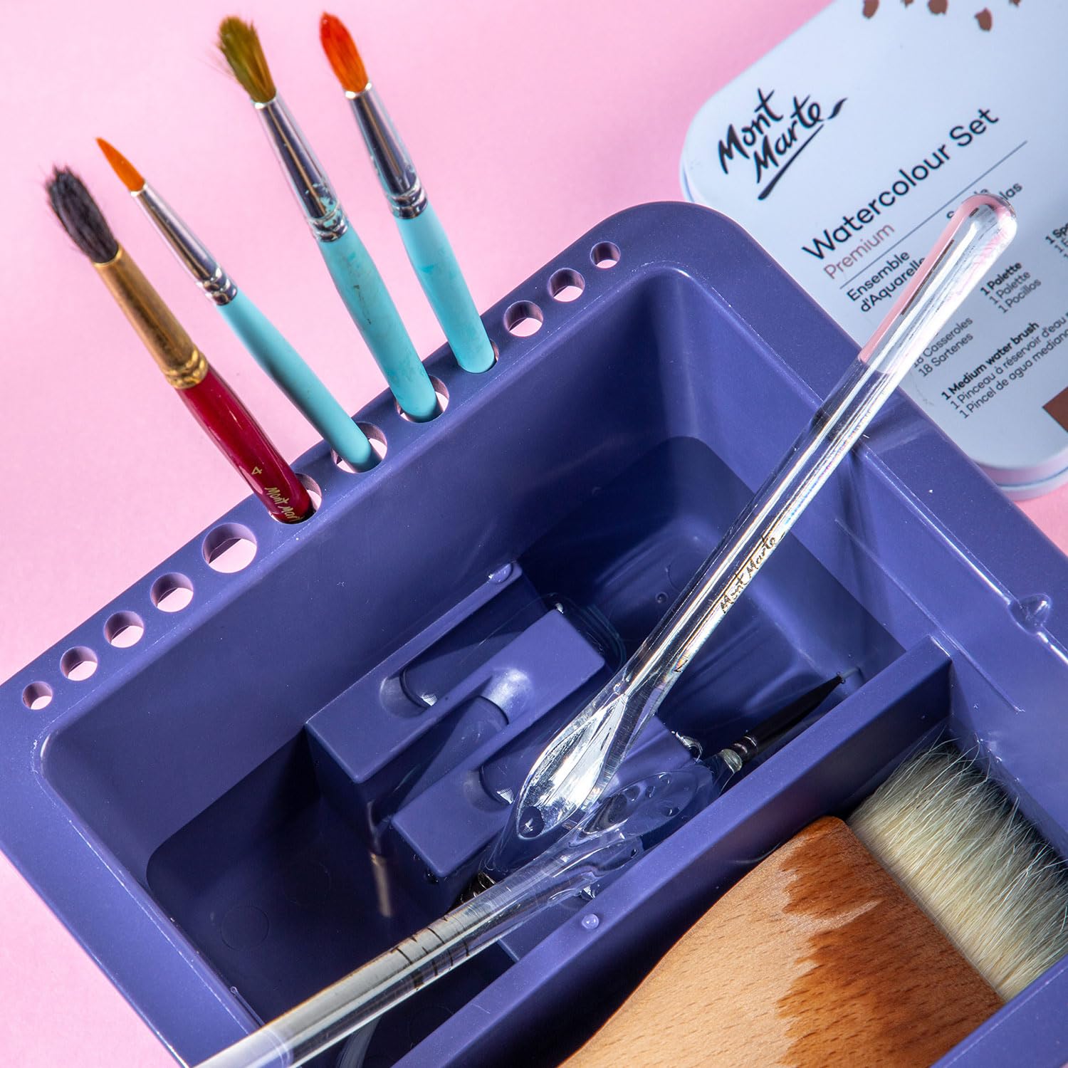 Mont Marte Twin Compartment Plastic Brush Washer. Easy Paint Brush Cleaning and Drying. Suitable for Acrylic and Watercolor Painting.