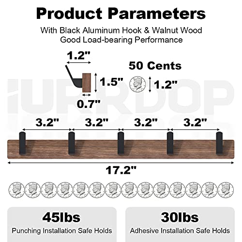IURRDOP Black Walnut Wood Wall Mount Coat Rack with 5 Hooks, Adhesive Mounted Rustic Decorative Entryway Hooks, Mid Century Modern Natural Wooden Pegs for Hanging Coat Clothes Hat Bag Purse and Towel