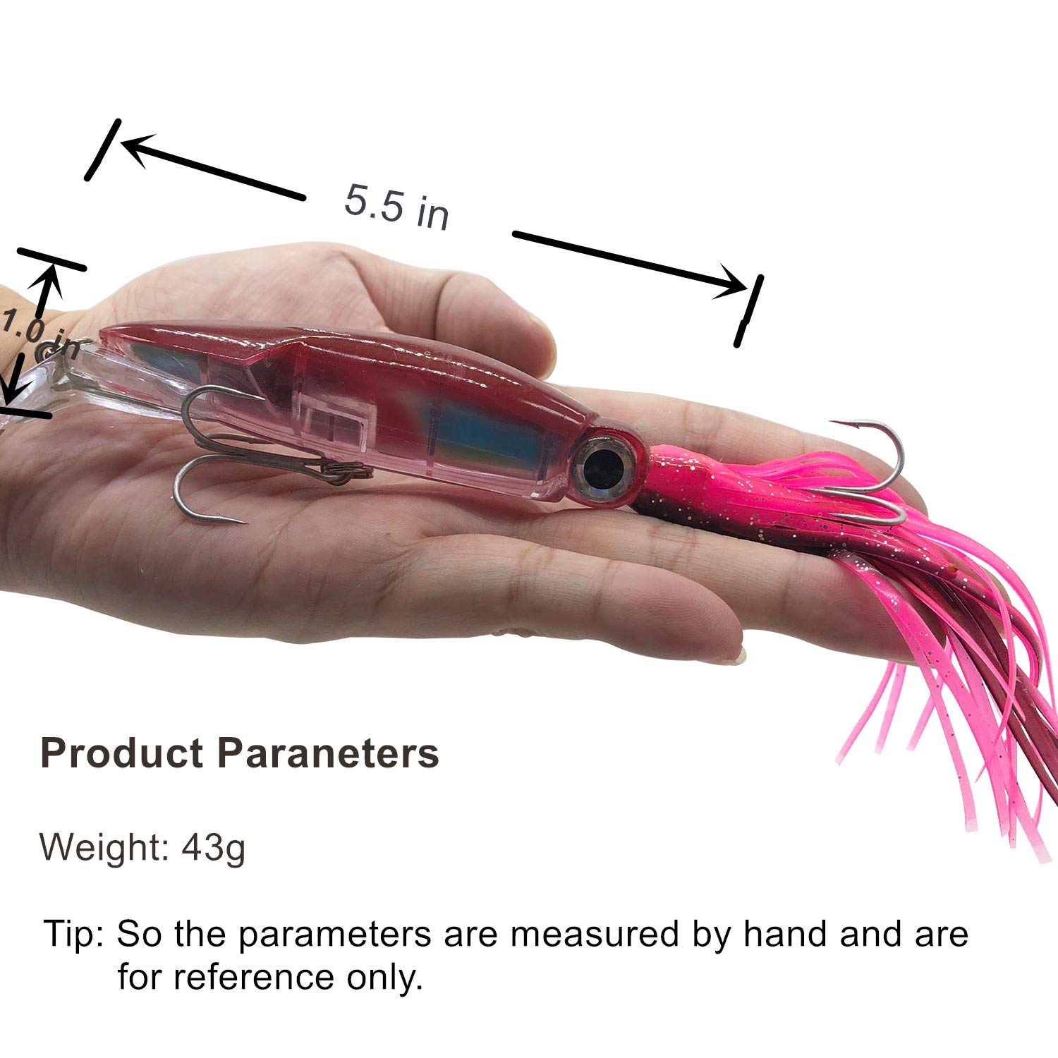 DAMIDEL 4 Pcs Large Simulation Squid Fishing Lures Bait Kit, Over 5.5 in/ 43g, 3D Holographic Eyes,Built-in Multicolored Lead BlocksThrough Heavy Duty ,Stable and Tempting