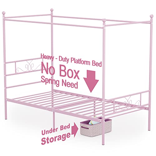 Weehom Metal Canopy Bed Frame Platform Bed 4 Posters Sturdy Steel Mattress Foundation with Headboard and Footboard Box Spring Replacement Easy DIY Assembly Twin,Pink