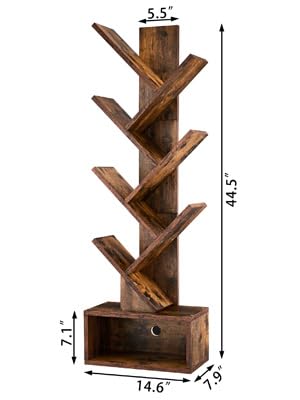 Hoctieon 6 Tier Tree Bookshelf, 6 Shelf Bookcase with Drawer, Modern Book Storage, Free Standing Tree Bookcase, Utility Organizer Shelves for Home Office, Living Room, Bedroom, Rustic Brown