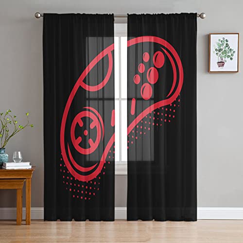 Video Game Window Semi Sheer Curtains for Bedroom Living Room, Red Gamepad Games Controller Gamer Black Rod Pocket Chiffon Voile Sheer Drapes Curtain