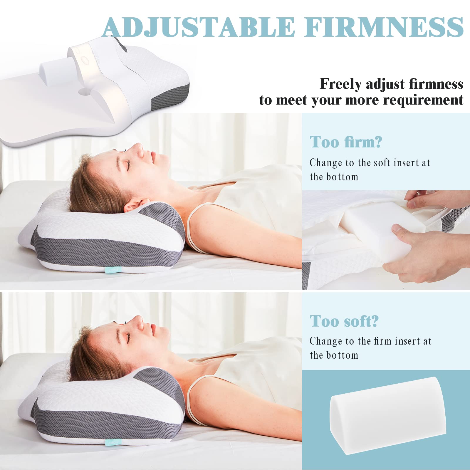Cervical Memory Foam Pillow, Orthopedic Firm Soft Adjustable Hypoallergenic Ergonomic Contour Pillow for Side Back and Stomach Sleepers Grey