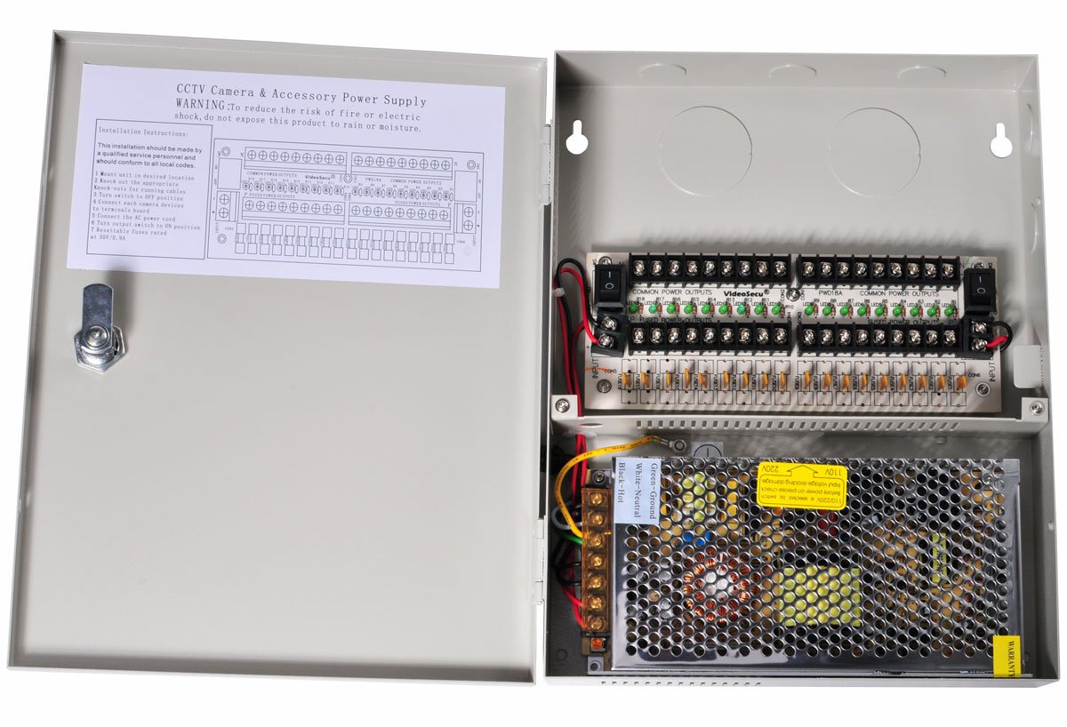 VideoSecu 18 Channel Port Output 12V DC Auto Reset CCTV PTC Fuse Distributed Power Supply Box for Security Cameras WK3