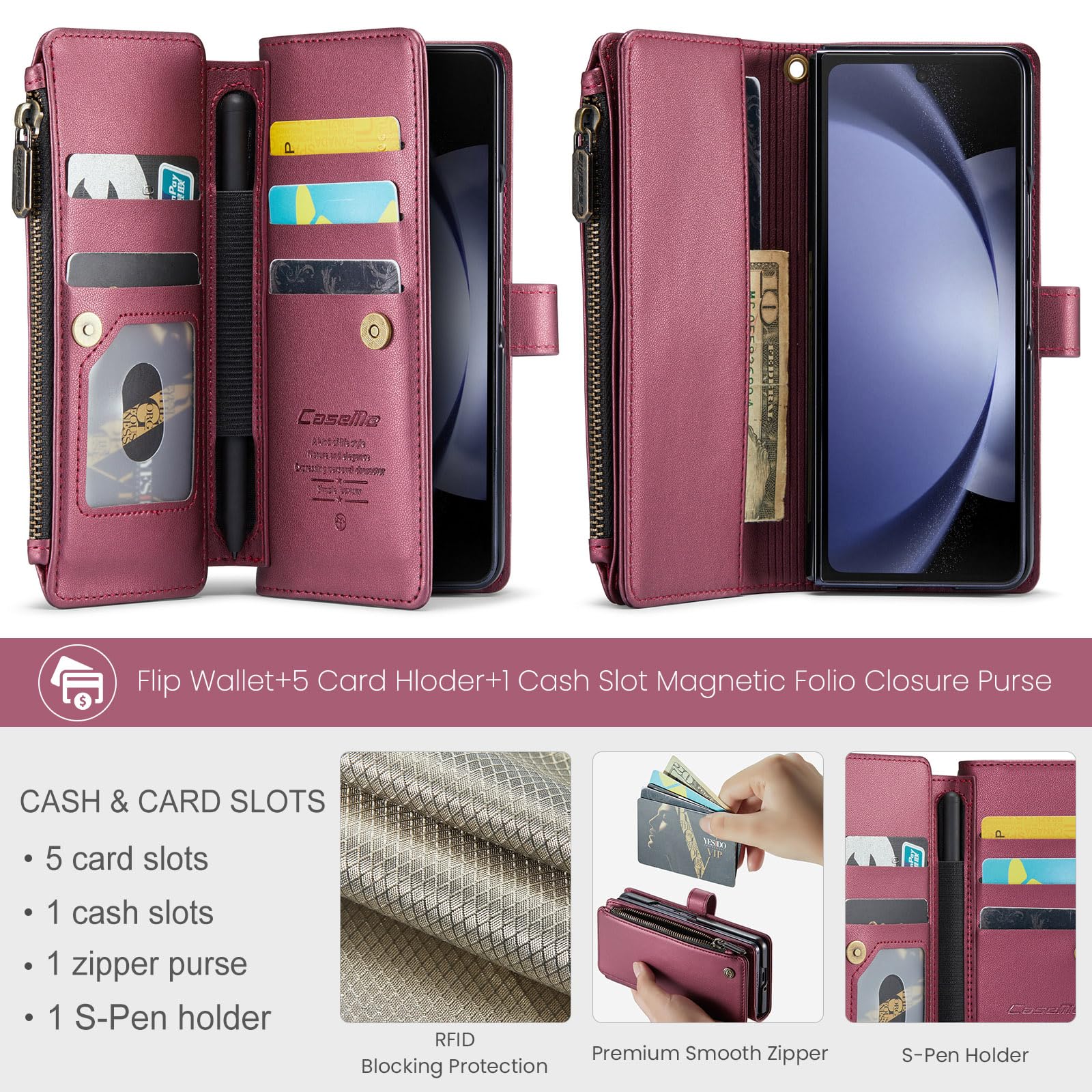 CaseMe for Samsung Galaxy Z Fold 5 Case with S Pen Holder, Z Fold 5 Wallet Case with Card Holder for Women Men, RFID Blocking Kickstand Zipper Shockproof Phone Case for Galaxy Fold 5, Red