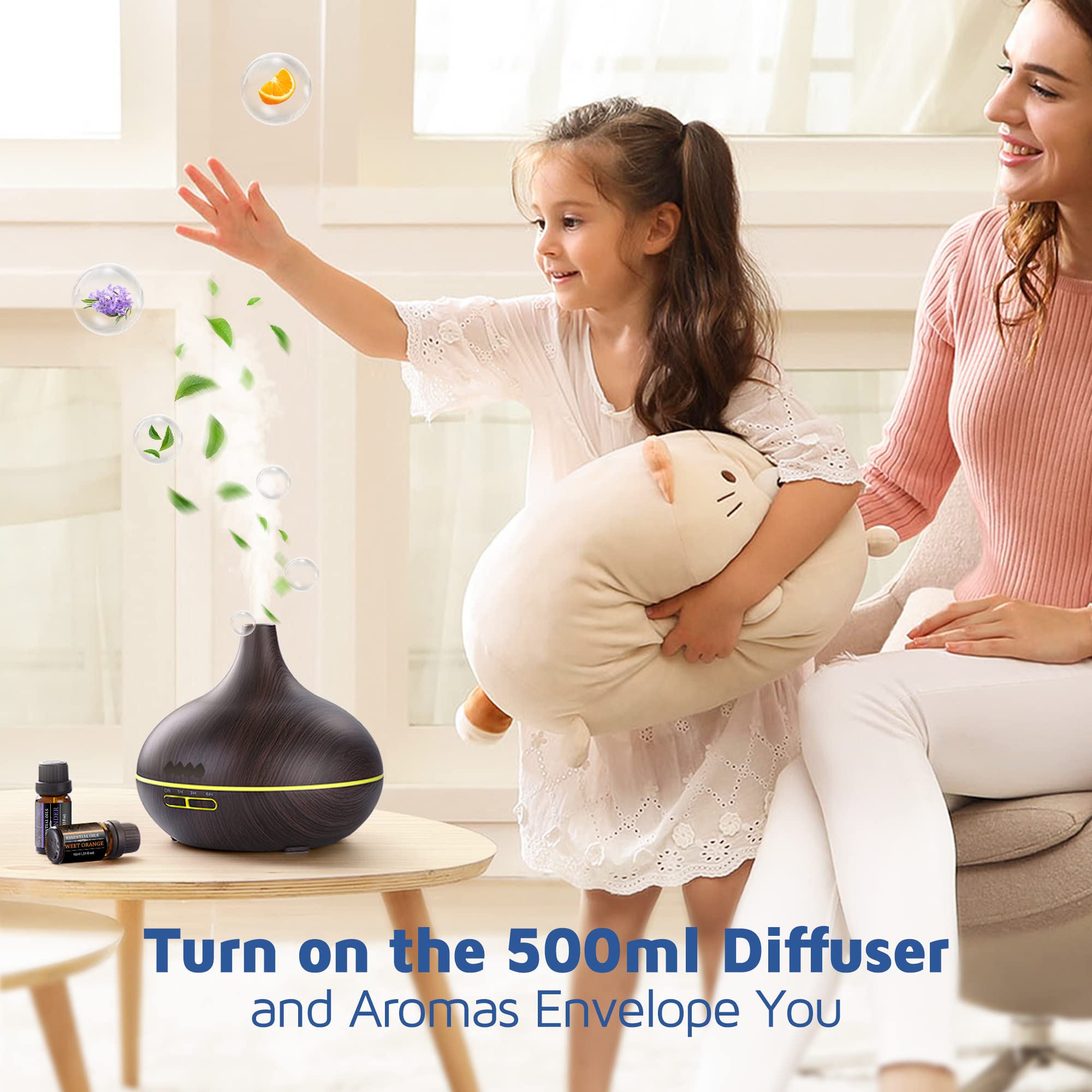 COSYAIREY Essential Oil Diffusers For Essential Oils Large Room, 500Ml Oil Diffuser Essential Oils Set, 23dB Aromatherapy Diffuser, 6 Essential Oils For Diffusers For Home, 14 Colorful Light & 4 Timer