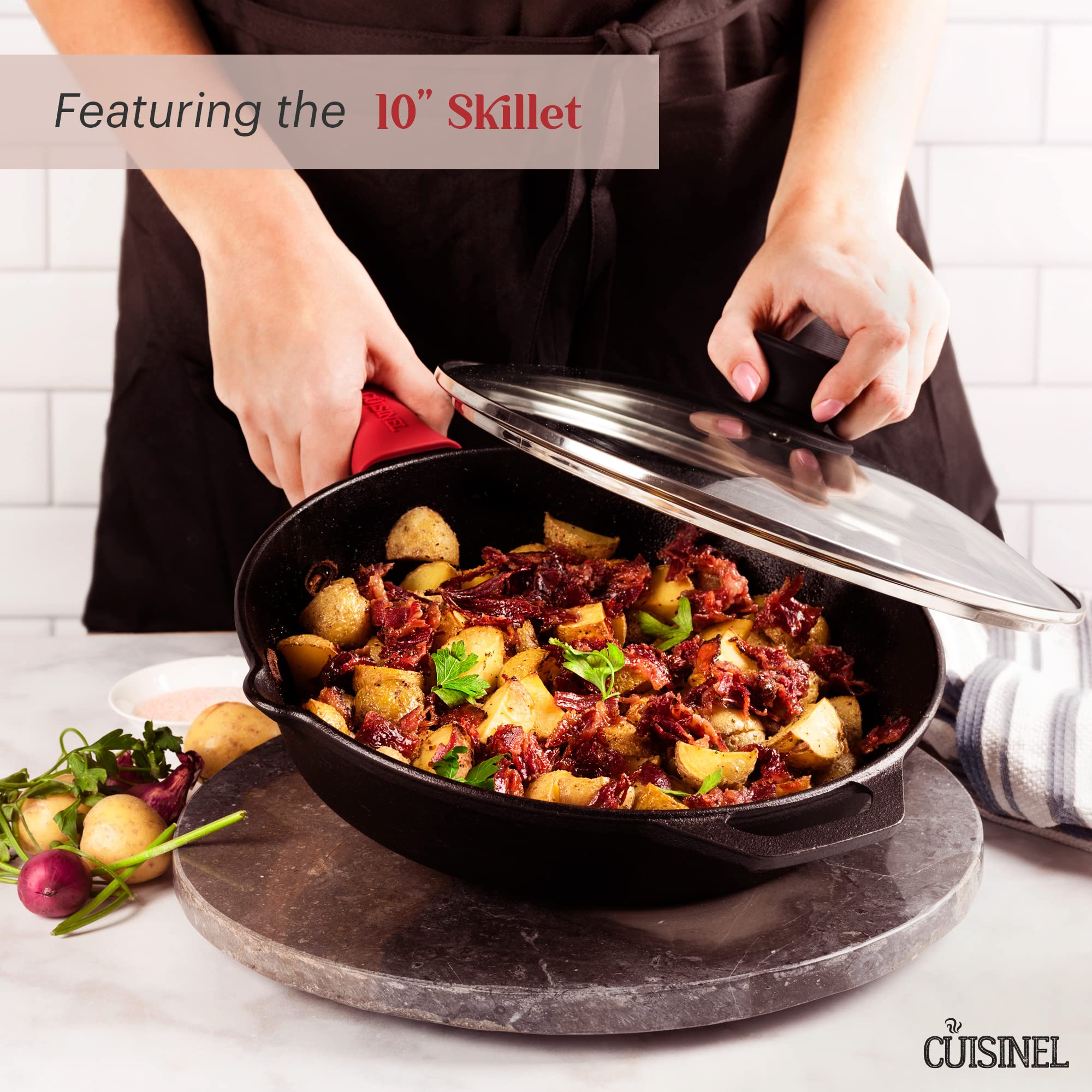 Cuisinel Cast Iron Skillets Set + Glass Lids - 8"+10"+12" Frying Pans + Pan Rack Organizer + Scraper + Silicone Grip Handle Holders - Pre-Seasoned Oven Kitchen Cookware Kit - Grill, Fire, Stovetop Use
