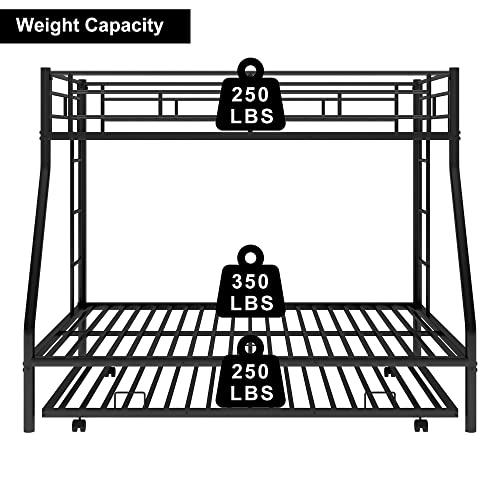 Merax Twin Over Full Triple Bunk Bed with Trundle:Triple Bunk Beds, Sturdy Steel Bunk Beds Frame for 3 Kids/Teens with Two Side Ladders and Safety Guard Rail,Black
