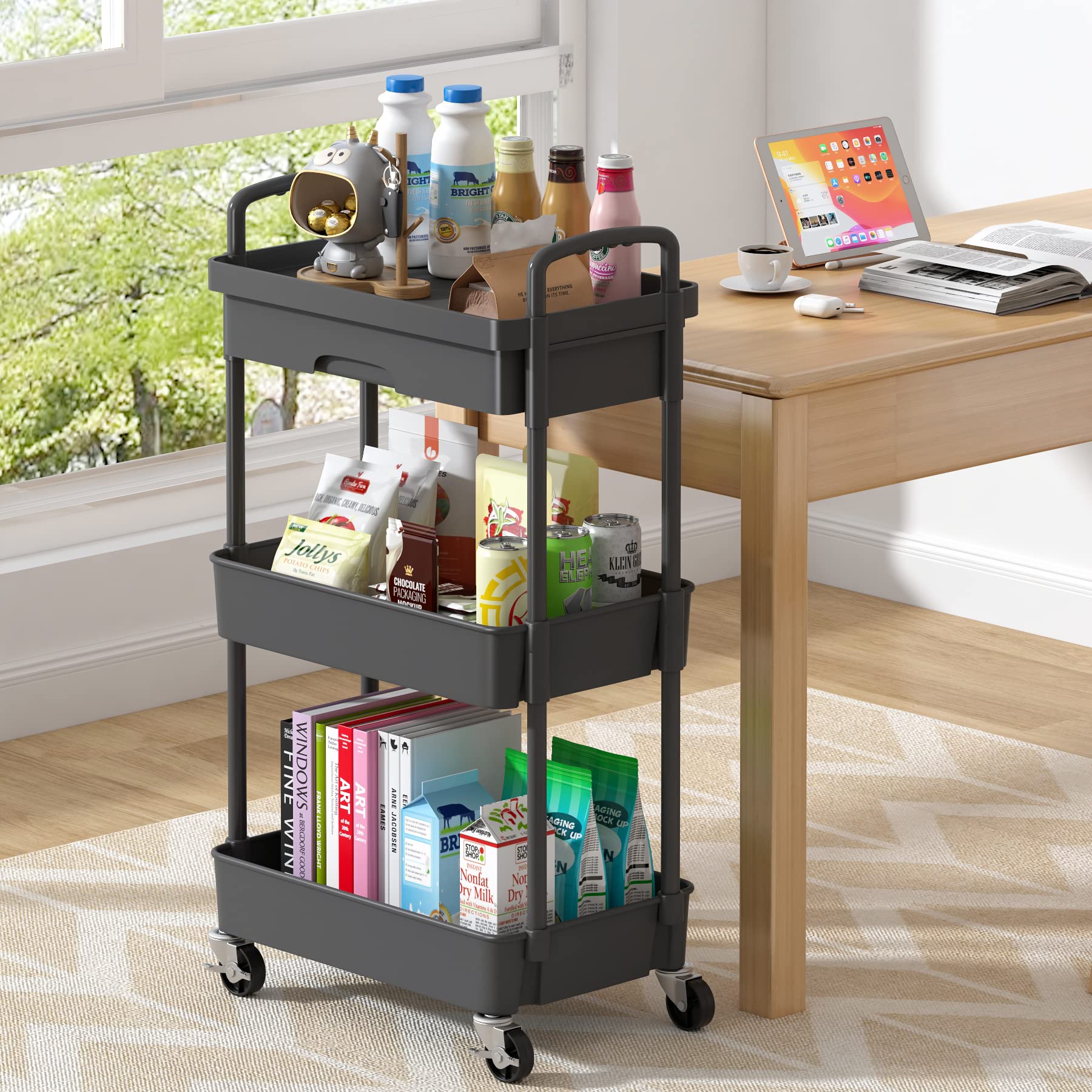 Dttwacoyh 3-Tier Rolling Cart,Trolley with Drawer, Multifunctional Storage Organizer with Plastic Shelf & Metal Wheels, Kitchen Storage Cart for Living Room, Kitchen, Office, Bathroom, White