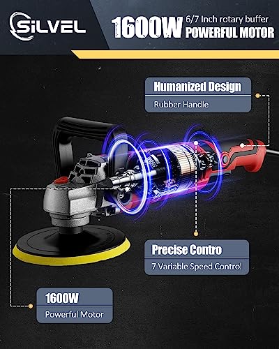 SILVEL Buffer Polisher, 1600W 7 Inch/6 Inch Rotary Car Buffer Polisher Waxer, 7 Variable Speed 1000-3500 RPM, Detachable Handle for Car, Boat Sanding, Polishing, Waxing