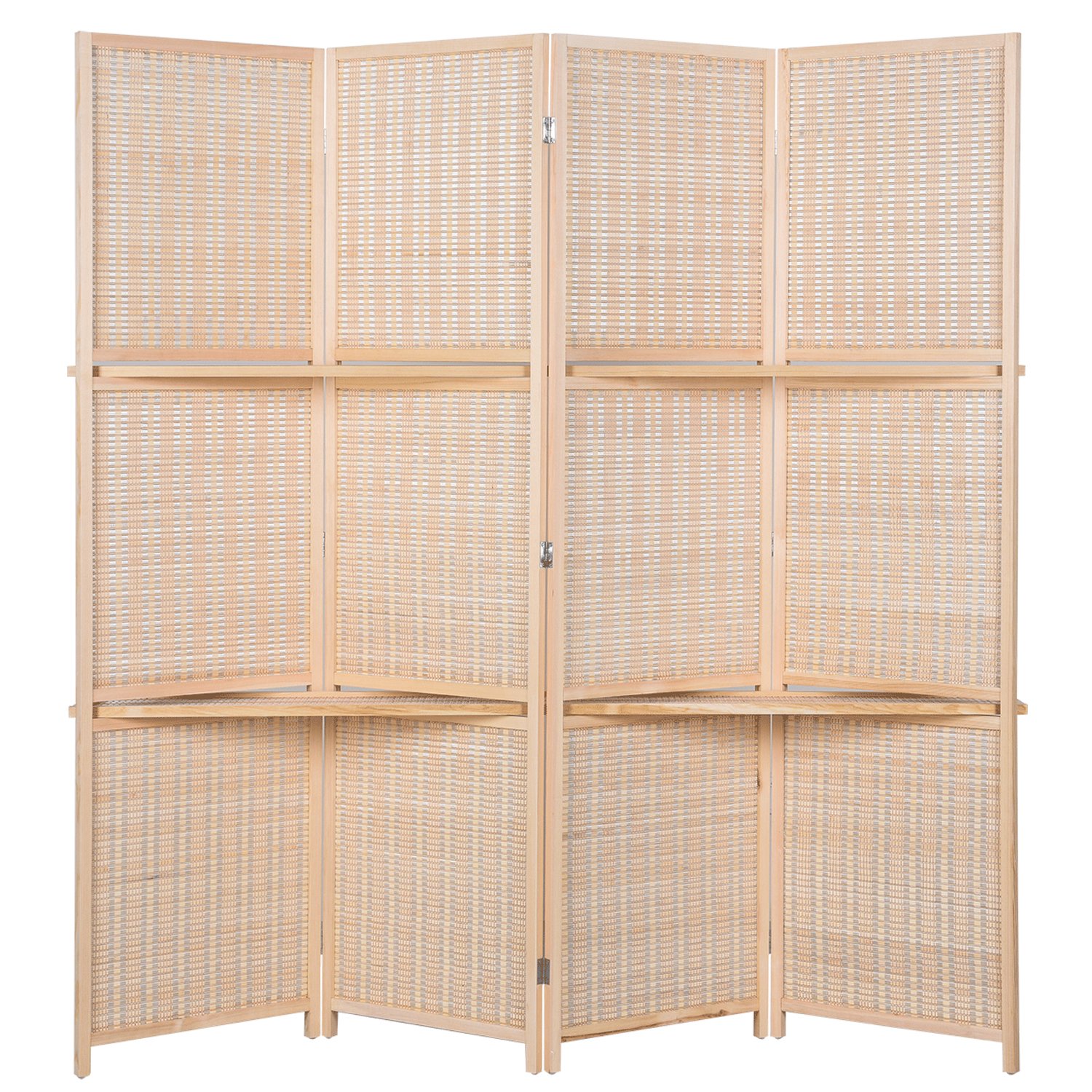 RHF 6 ft Tall (Extra Wide) Beige Woven Bamboo Room Divider&Room dividers and Folding Privacy Screens,Partition Wall, with 2 Display Shelves&Room Divider with Shelves-Bamboo -4 Panels 2 Shelves