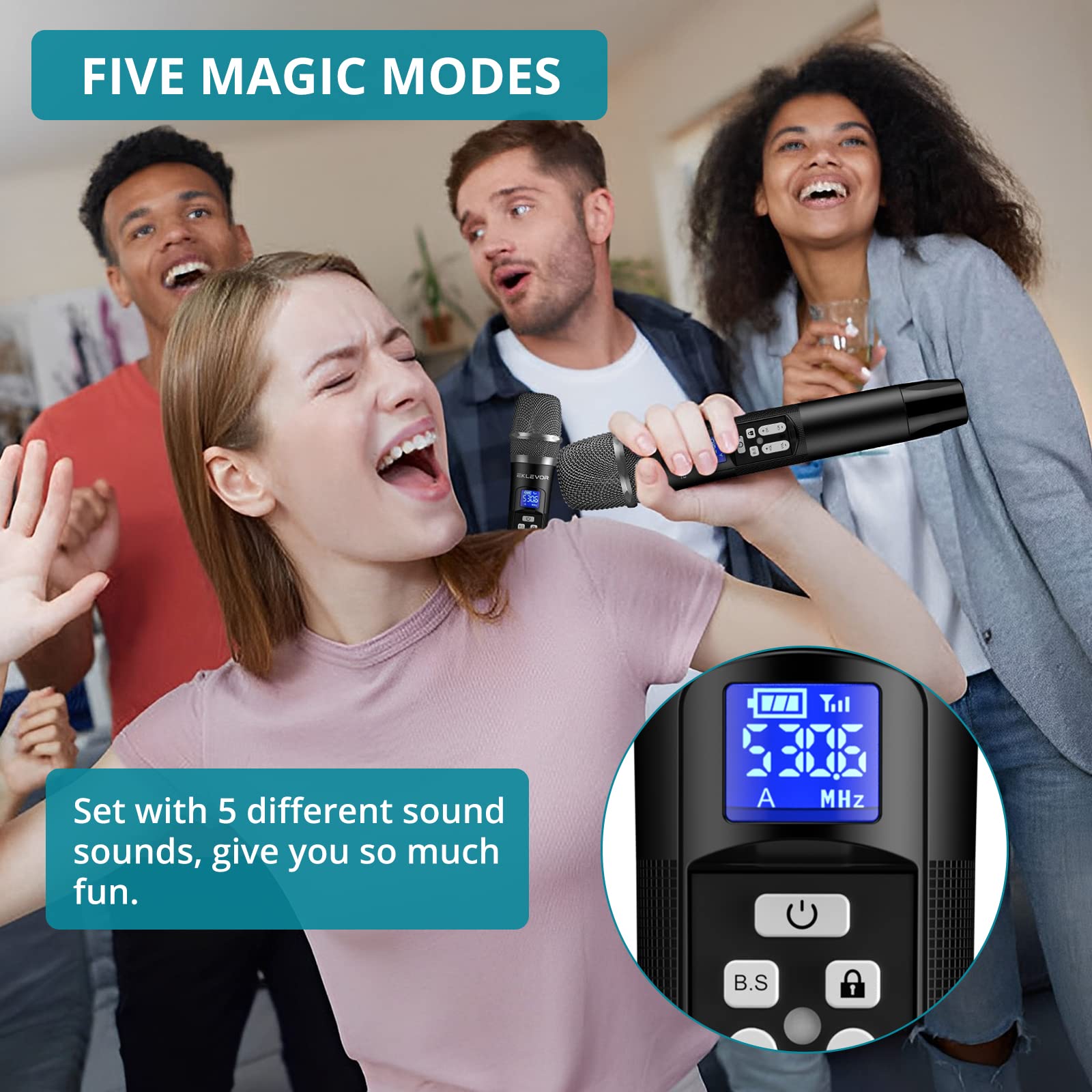 EKLEVOR Wireless Microphone, Portable UHF Handheld Karaoke Dynamic Microphone System with Rechargeable Receiver,160ft Range 2X25 Channels Karaoke Mics Set for Singing, Wedding, Speech, AMP
